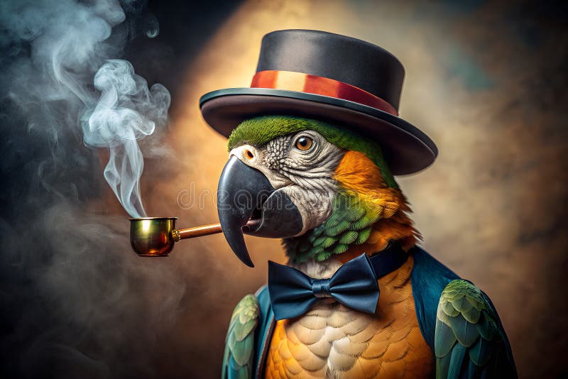 A Cute Parrot in a Cylinder Hat and Tie Smoking a Pipe. Stock ...