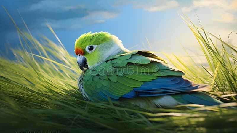 Cute parrot lying on grass stock illustration. Illustration of macaw ...