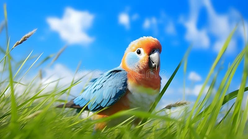 Cute parrot lying on grass stock illustration. Illustration of gold ...