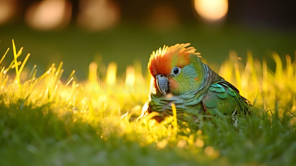 Cute parrot lying on grass stock illustration. Illustration of lying ...