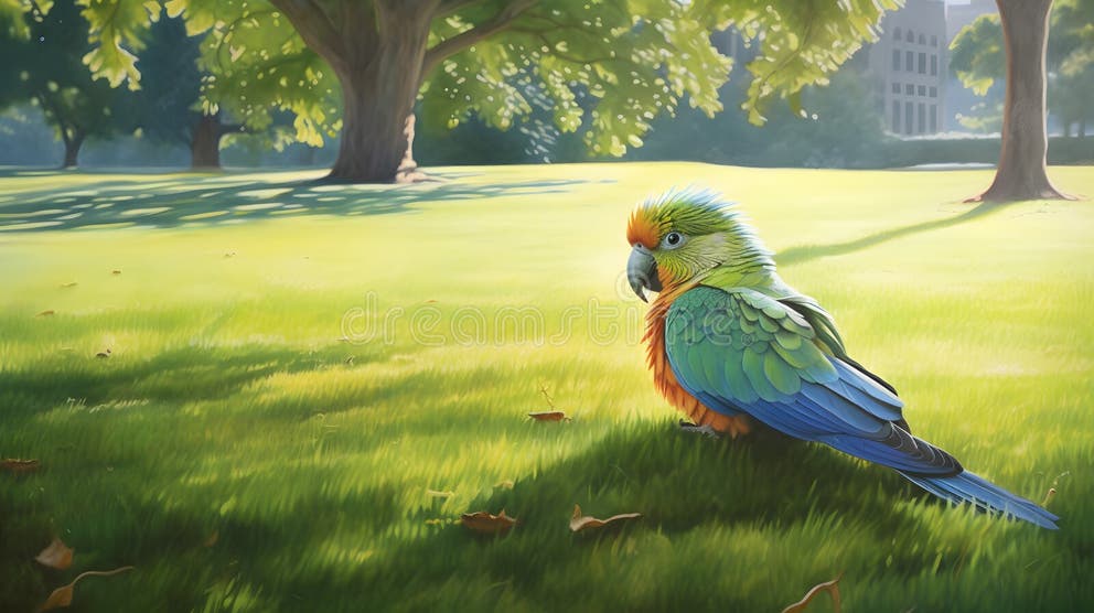 Cute parrot lying on grass stock illustration. Illustration of ...