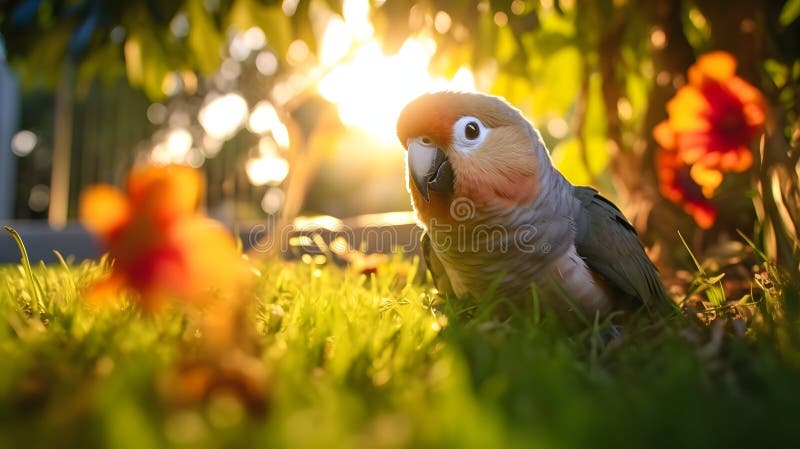 Cute parrot lying on grass stock illustration. Illustration of happy ...