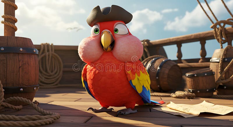A Cute Parrot with a Patch on a Pirate Ship Deck Stock Illustration ...