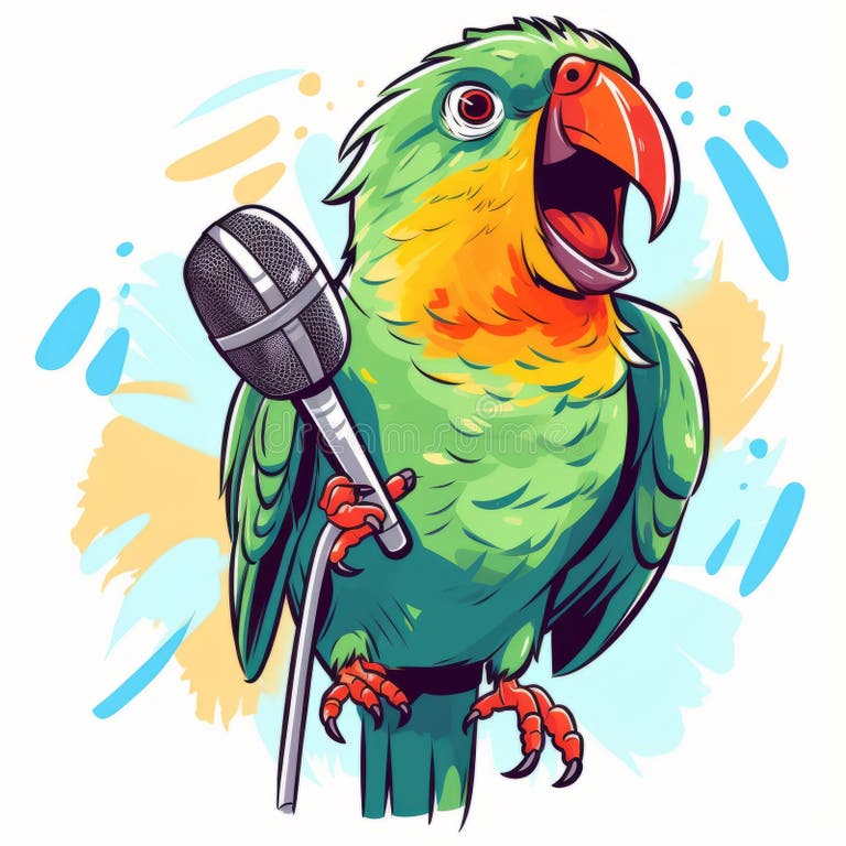 Cute Parrot Singing with Microphone. Hand Drawn Vector Illustration ...
