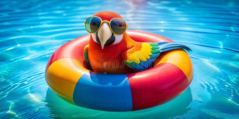Cute Parrot Wearing Sunglasses Sitting on Colorful Float in Pool Stock ...