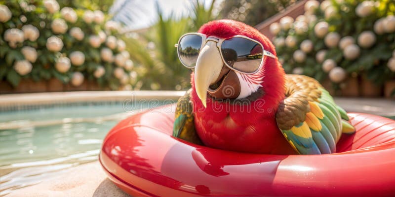 Cute Parrot Wearing Sunglasses Sitting on Colorful Float in Pool Stock ...