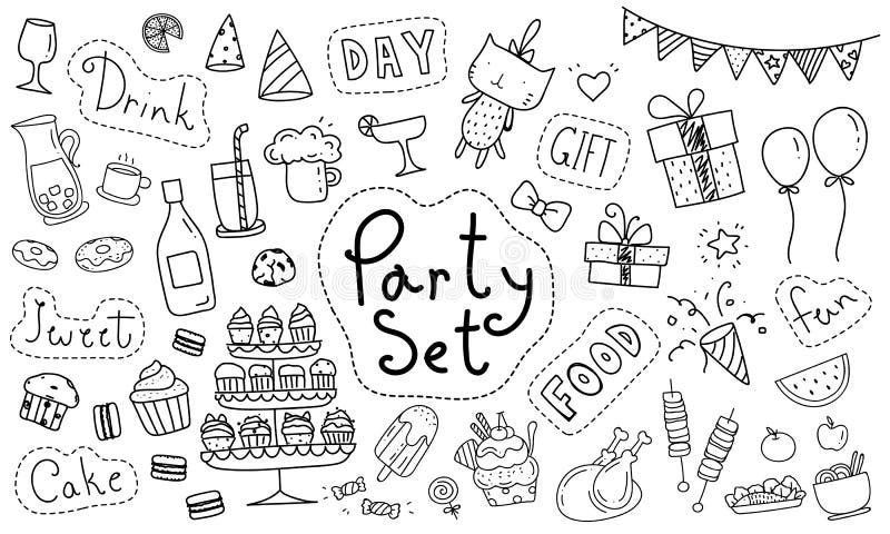 Cute Party Hand Drawn Doodle Collection Isolated On White Background