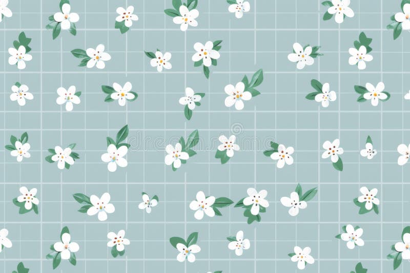 Cute Pastel Blue Gingham Pattern with Cute White Flowers, Digital ...
