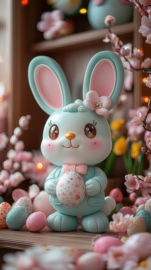 Cute Pastel Bunny Holding Easter Egg Surrounded by Colorful Eggs and Flowers. Stock Photo ...