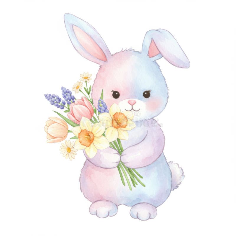 Cute Pastel Bunny Holding Spring Flowers Stock Illustration ...