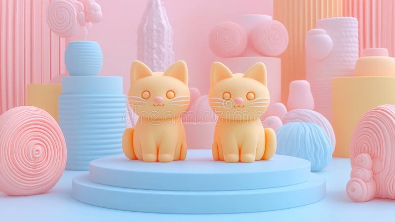 Cute Pastel Cat Figurines in Whimsical Pastel Setting with Abstract ...