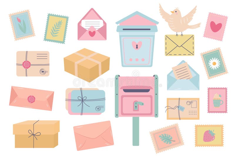 Cute Pastel Flat Vector Illustration of Mail and Delivery Elements ...