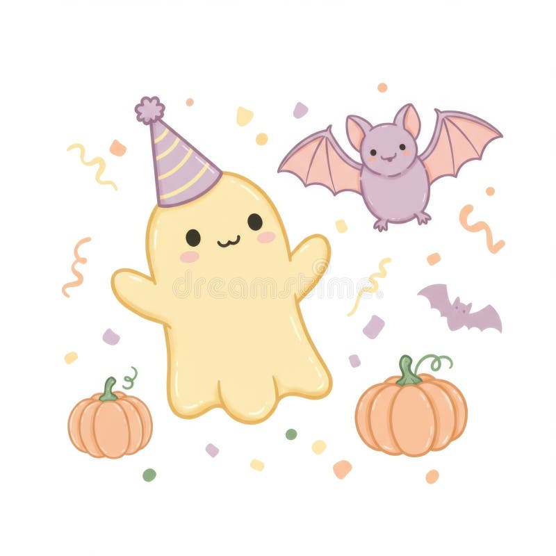 Cute Pastel Ghost and Bat Halloween Party Stock Illustration ...