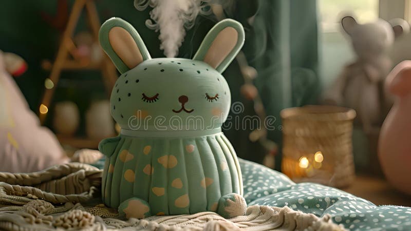 Cute Pastel Green Rabbit Humidifier Puffing Steam in Cozy Bedroom on a ... Cute Pastel Green Rabbit Humidifier Puffing Steam in Cozy Bedroom on a ...