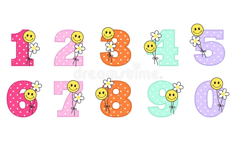 Cute Pastel Number with Smiley and Floral Balloons Stock Vector ...