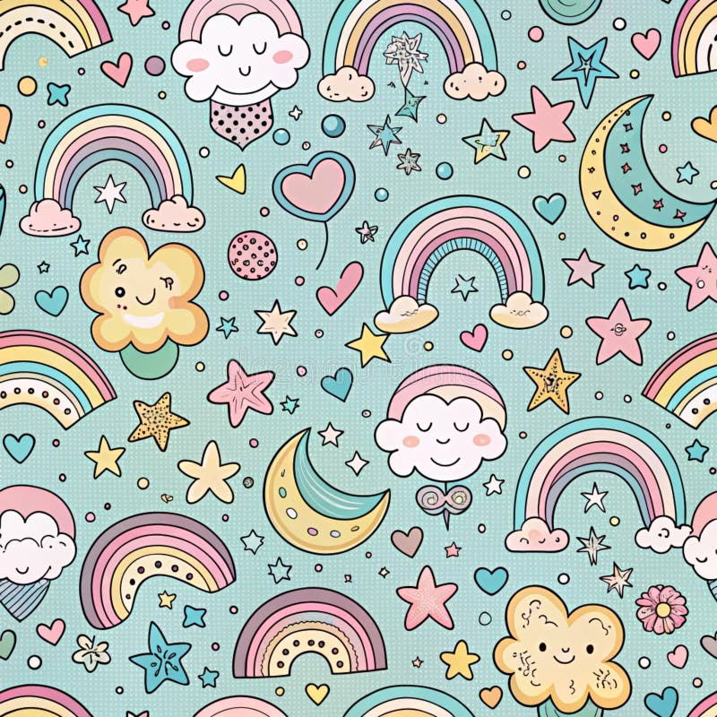 Cute Pastel Rainbow Cloud Star Moon Heart Pattern Stock Photos - Free & Royalty-Free Stock ...