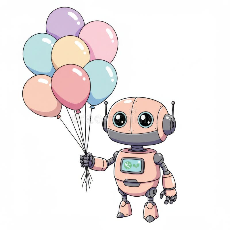 Cute Pastel Robot Holding Balloons Illustration Stock Illustration ...
