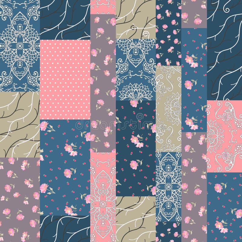 Patchwork from Patches with Doodle Flowers and Dots. Ethnic Boho Seamless Pattern Stock Vector ...