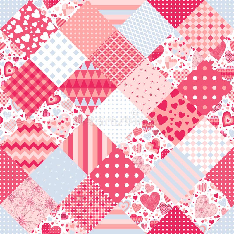 Cute Patchwork Seamless Pattern with Hearts and Geometric Ornaments ...