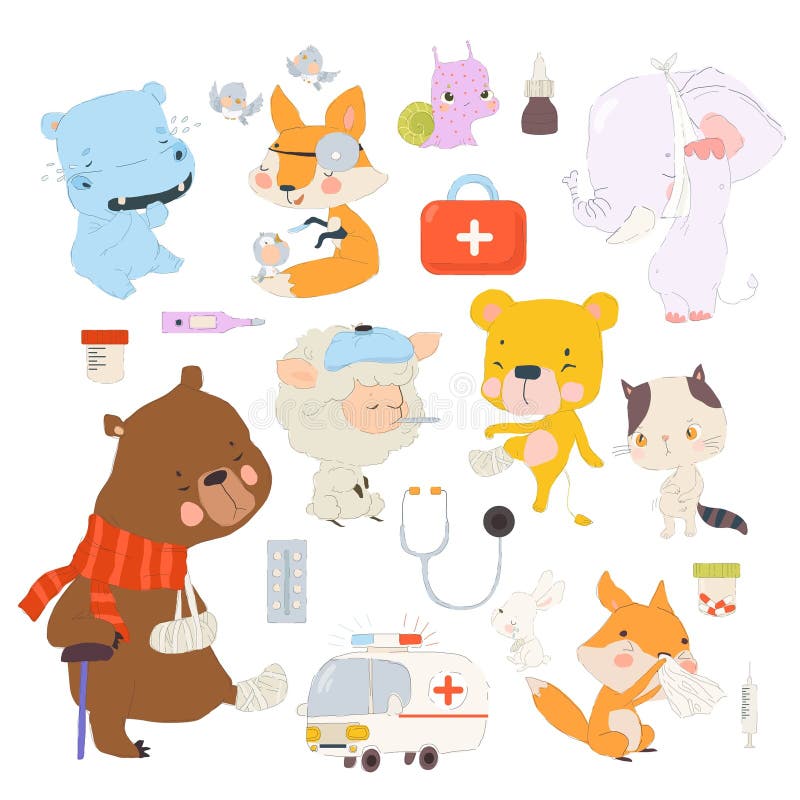 Cute Patients Animals. Sick Cartoon Characters on White Background ...