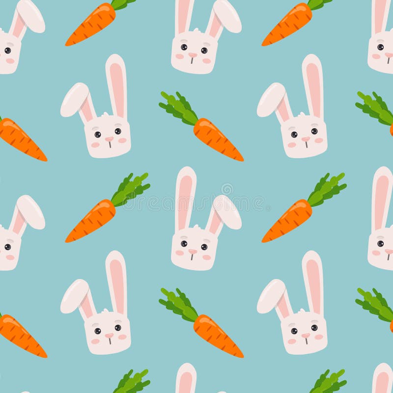 Cute Pattern with Bunny and Carrot on Blue Background. Vector Seamless ...