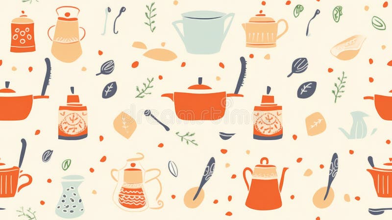 Cute Pattern with Crockery and Kitchen Utensils. Pot, Plates, Kettle ...