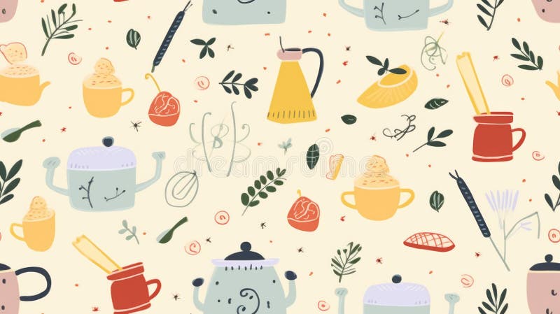 Cute Pattern with Crockery and Kitchen Utensils. Pot, Plates, Kettle ...