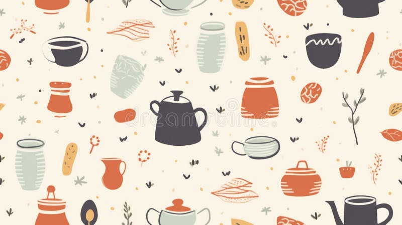 Cute Pattern with Crockery and Kitchen Utensils. Pot, Plates, Kettle ...