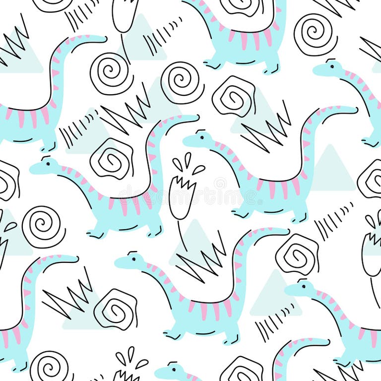Cute Pattern with Diplodocus and Linear Doodles, Cartoon Blue Dinosaurs ...