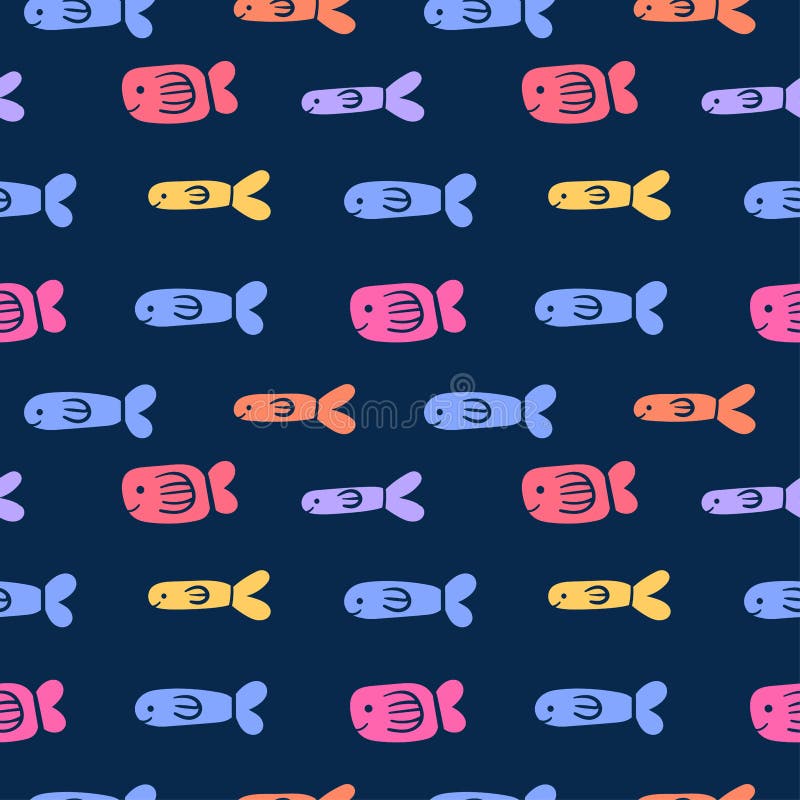 Cute Pattern of a Doodle of Colored Fish on a Dark Blue Background ...