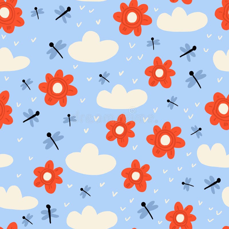 Cute Pattern with Dragonflies, Red Flowers, Clouds on Light Blue ...