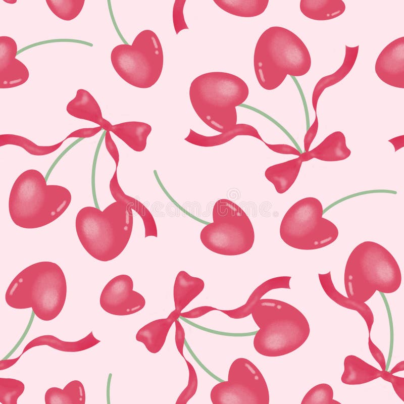 Red Heart Cherry and Bow Pattern on Pink Background Stock Illustration ...
