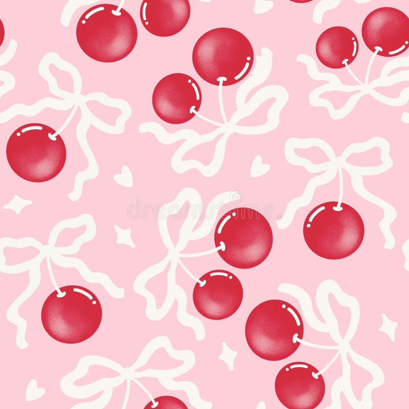 Red Cherry and White Bow Pattern with White Heart Stock Illustration ...