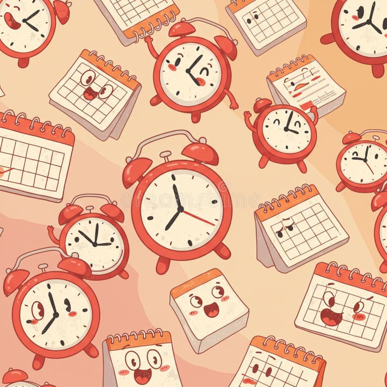 Cute Pattern Featuring Animated Red Alarm Clocks and Smiling Calendars ...