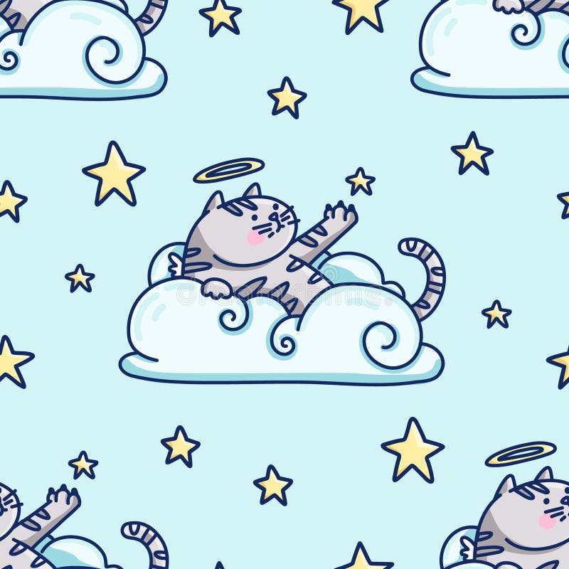 Cute Pattern with Fluffy Angel Cat on Cloud. Seamless Pattern for ...