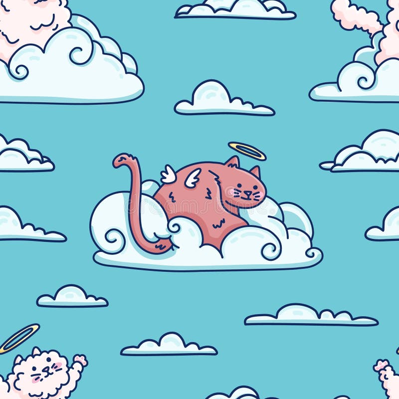 Cute Pattern with Fluffy Angel Cat on Cloud. Seamless Pattern for ...