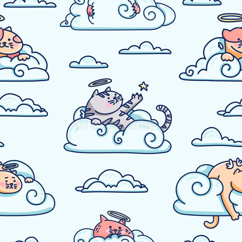Cute Pattern with Fluffy Angel Cat on Cloud. Seamless Pattern for ...