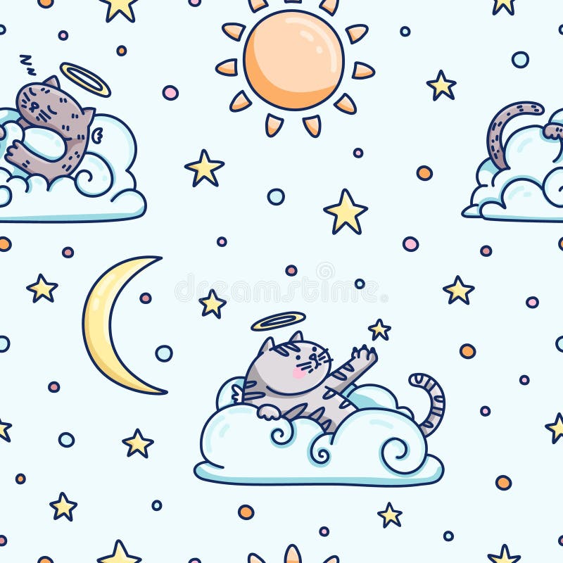 Cute Pattern with Fluffy Angel Cat on Cloud. Seamless Pattern for ...