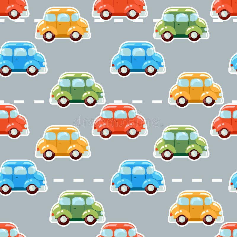 Cute Pattern from Multicolored Cartoon Cars that Drive Along the Road ...