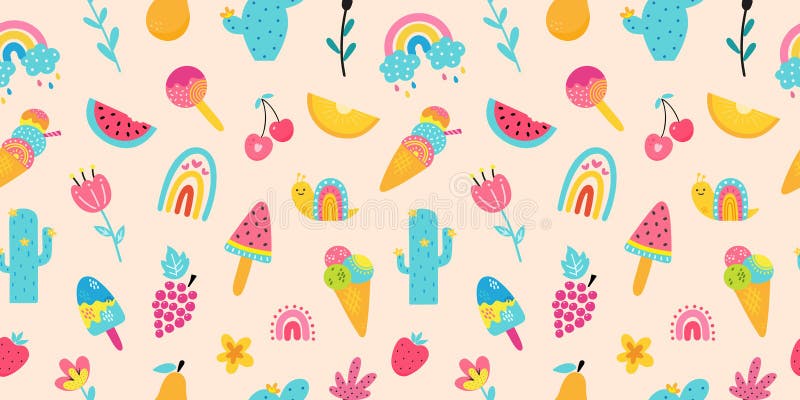 Cute Pattern with Summer Hand Drawn Elements Stock Illustration ...