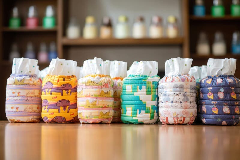Cute Patterned Disposable Diapers Arranged in a Row Stock Photo - Image ...
