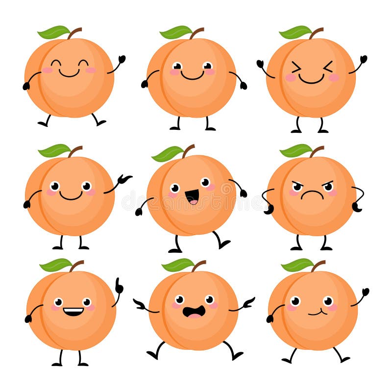 Cute Peach Characters Set with Different Emitions Vector Illust Stock ...