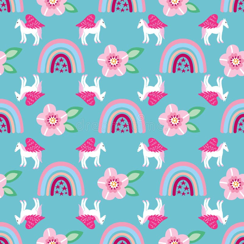 Cute Pegasus, Rainbows, Flowers Vector Repeat Pattern Illustration on ...