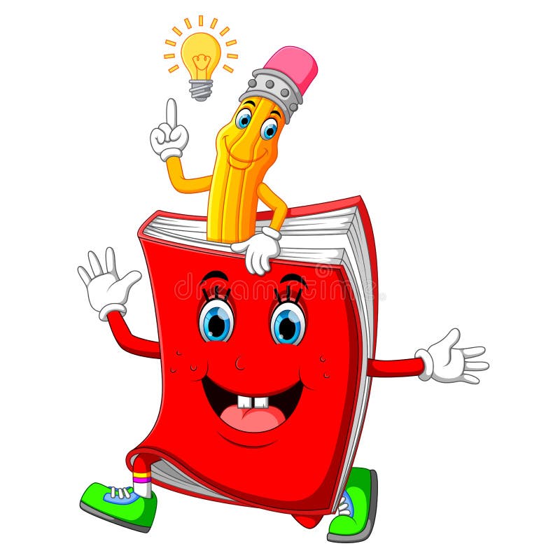 Cute Pencil Cartoon with Book Stock Vector - Illustration of office ...