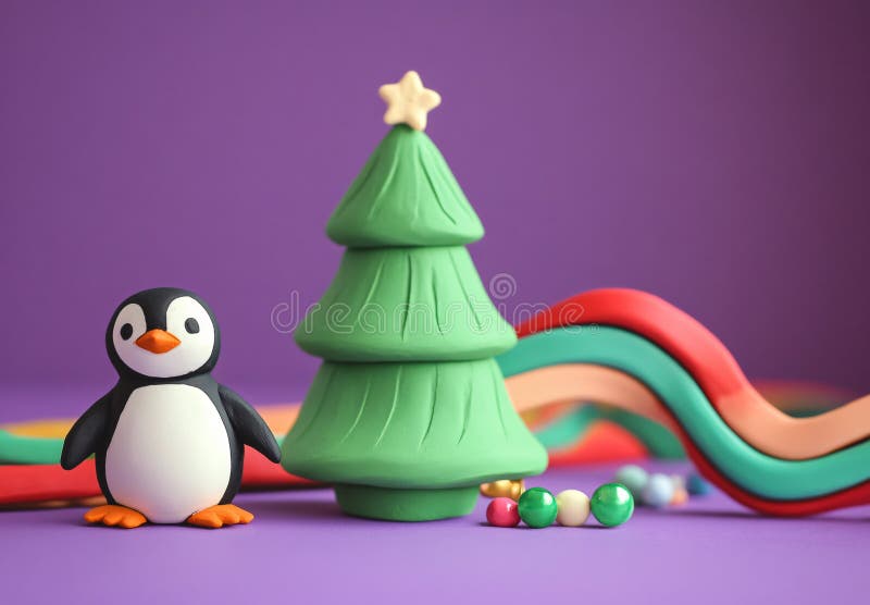 Cute Penguin Christmas Tree Claymation Scene High Quality Image Stock ...