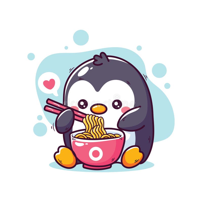 Cute Penguin Eating Noodle with Chopsticks. Vector Illustration Stock ...