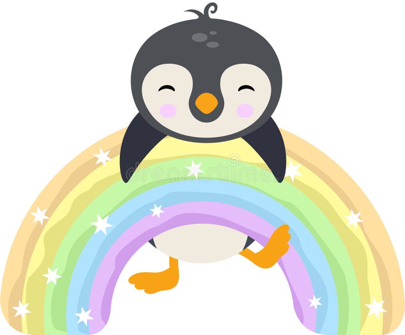 Cute Penguin Hanging on Magic Rainbow Stock Vector - Illustration of ...