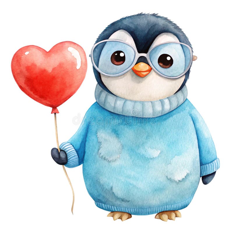 Cute Penguin Heart Balloons Watercolor Stock Vector - Illustration of ...