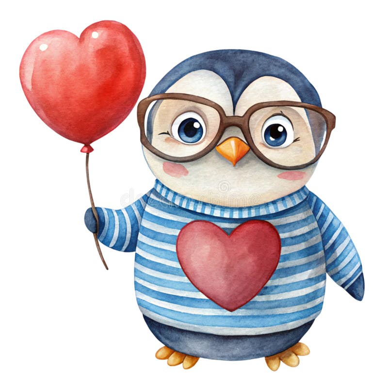 Cute Penguin Heart Balloons Watercolor Stock Vector - Illustration of ...