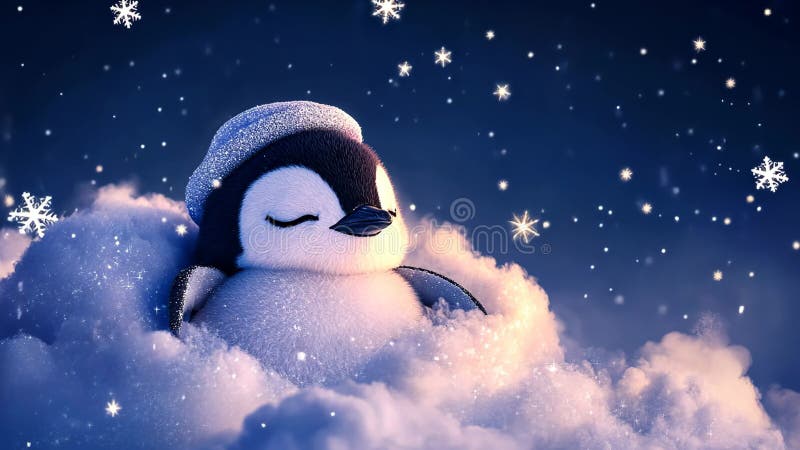 A Cute Penguin Peacefully Sleeping on a Soft Cloud Under a Magical ...